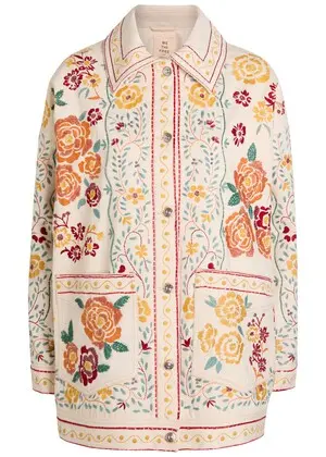 Free People Avery Floral-embroidered Denim Jacket - White