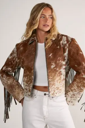 Nasty Gal Cow Hide Leather Fringe Jacket - Brown