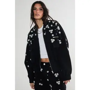 Nasty Gal Embellished Floral Appliqué Denim Jacket