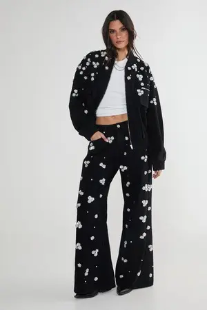 Nasty Gal Embellished Floral Appliqué Denim Jacket