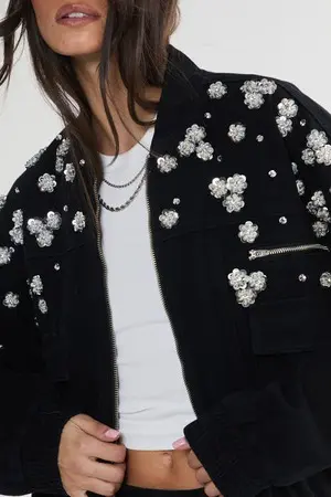 Nasty Gal Embellished Floral Appliqué Denim Jacket