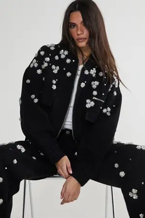 Nasty Gal Embellished Floral Appliqué Denim Jacket