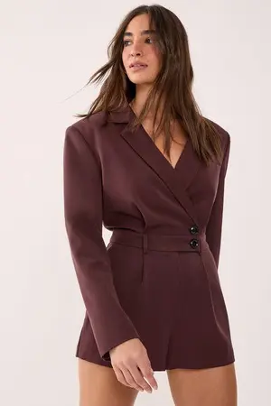 Nasty Gal Tailored Button Detail Romper - Chocolate