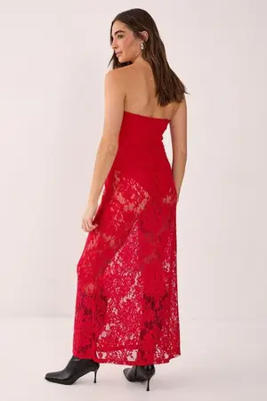 Nasty Gal Lace Bandeau Sheer Maxi Dress - Red