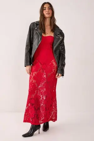 Nasty Gal Lace Bandeau Sheer Maxi Dress - Red