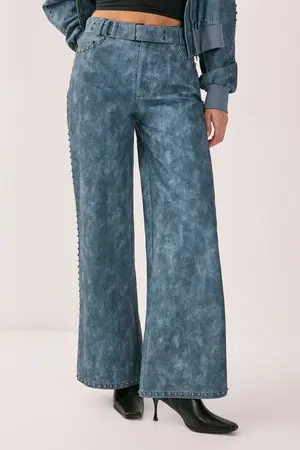 Nasty Gal Studded Detail Belted Faux Leather Trousers - Blue