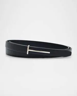TOM FORD Grain Leather Belt With T Buckle - Black