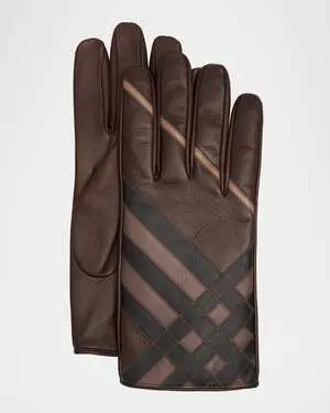 Burberry Intarsia Check Leather Gloves - Truffle Ip