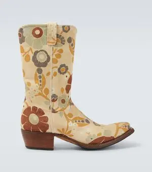 Prada Floral Canvas Cowboy Boots - Beige