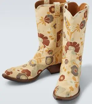 Prada Floral Canvas Cowboy Boots - Beige