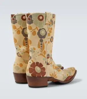 Prada Floral Canvas Cowboy Boots - Beige
