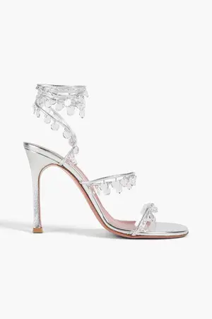 Amina Muaddi Tina Crystal-embellished Metallic Leather Sandals - Silver