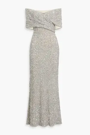 Badgley Mischka Off-the-shoulder Draped Sequined Gown