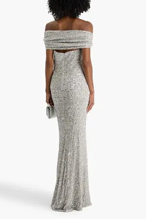 Badgley Mischka Off-the-shoulder Draped Sequined Gown