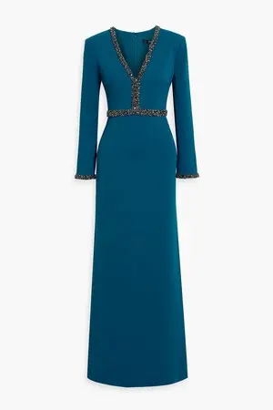 Badgley Mischka Embellished Tulle-Trimmed Crepe Gown - Petrol