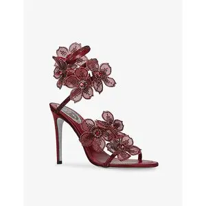 Rene Caovilla Floral Cleo 105 Satin Heeled Sandals - Wine