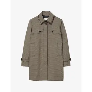 Sandro Houndstooth Trench Coat With Leather Trim - Brown / Beige