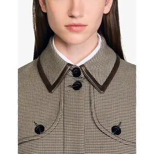Sandro Houndstooth Trench Coat With Leather Trim - Brown / Beige