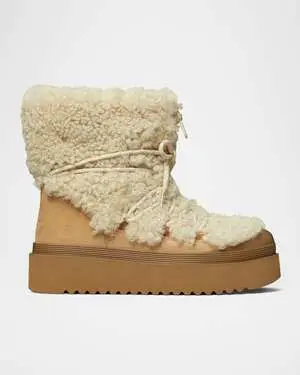 Tory Burch Mellow Shearling Lace-Up Ankle Boots - Buttermilk