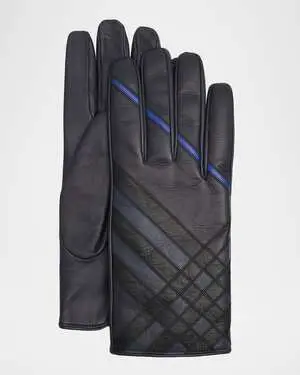 Burberry Intarsia Check Leather Gloves - Storm Blue