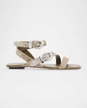 STUART WEITZMAN Maven Suede Buckle Flat Sandals - Taupe