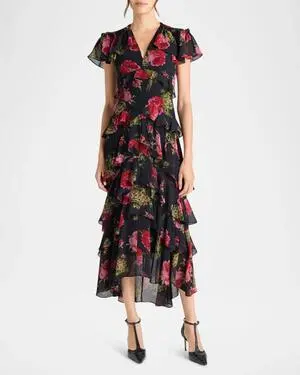 Cinq À Sept Baroque Roses Tatum Tiered Ruffle Midi Dress - Obsidian