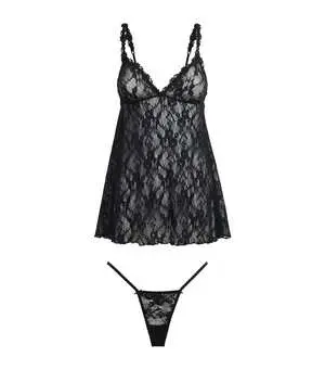 SKIMS Stretch Lace Babydoll And Thong Set - Black