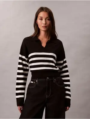 Calvin Klein Extra Fine Merino Blend Stripe Polo Sweater - Black Stripe