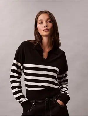Calvin Klein Extra Fine Merino Blend Stripe Polo Sweater - Black Stripe