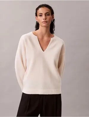 Calvin Klein Merino Wool Relaxed V-neck Sweater - White Greige