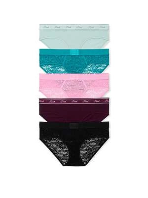 Pink 5-pack Lace Logo Cotton Hiphugger Panties - Print