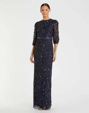 Mac Duggal Embellished Column Gown With 3/4 Sleeves
