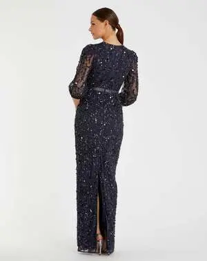 Mac Duggal Embellished Column Gown With 3/4 Sleeves