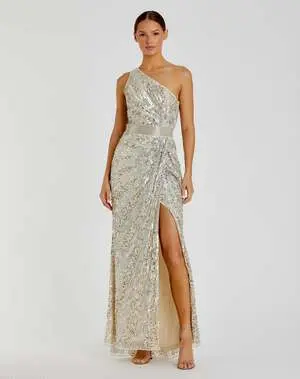 Mac Duggal Sequined One Shoulder Lace Up Gown