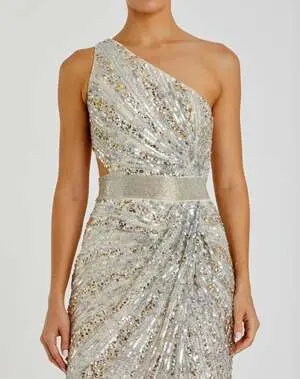 Mac Duggal Sequined One Shoulder Lace Up Gown