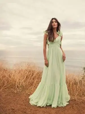 Mac Duggal Ruffle Tiered Cut-Out Chiffon Gown - Green | Editorialist