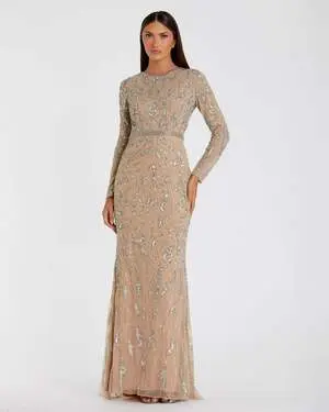 Mac Duggal Long Sleeve Beaded Evening Gown - Neutral