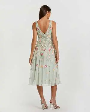 Mac Duggal V-neck Sleeveless Midi Floral Beaded A-line Dress - Green