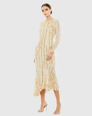 Mac Duggal Long Sleeve Embellished Tea Length Dress - Gold
