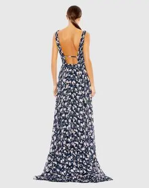 Mac Duggal Floral Print High-low Gown - Navy
