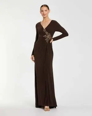 Mac Duggal Faux Wrap Long Sleeve Evening Gown With Appliqué Detail - Brown