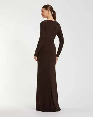 Mac Duggal Faux Wrap Long Sleeve Evening Gown With Appliqué Detail - Brown