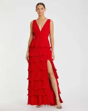 Mac Duggal Sleeveless Ruffle Tiered V-neck Gown - Red