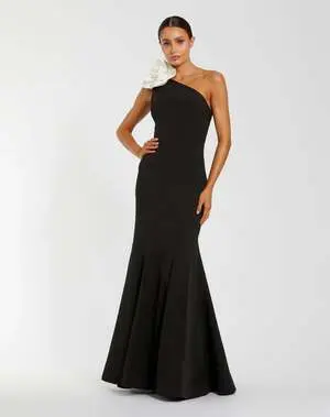 Mac Duggal One Shoulder Mermaid Gown With 3d Flower Detail - Black