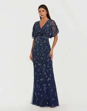 Mac Duggal Floral Embellished Short Sleeve Blouson Gown - Navy