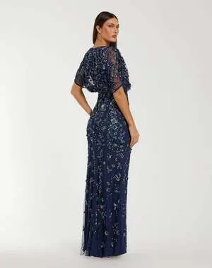 Mac Duggal Floral Embellished Short Sleeve Blouson Gown - Navy