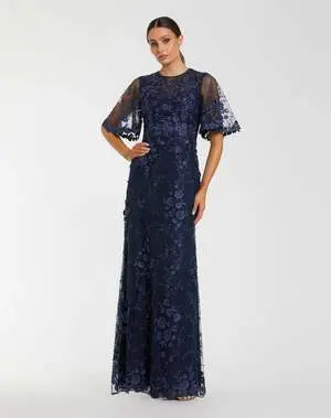 Mac Duggal Flutter Sleeve Floral Embroidered Gown - Navy
