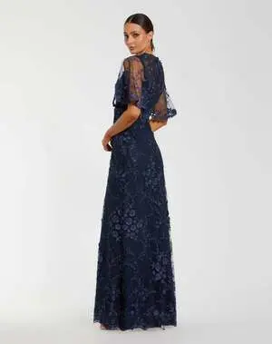 Mac Duggal Flutter Sleeve Floral Embroidered Gown - Navy