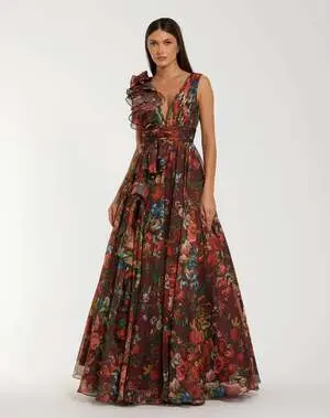 Mac Duggal Floral Chiffon Gown With Ruffled One-shoulder And Plunging Neckline - Red