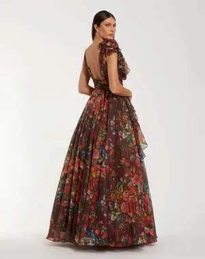 Mac Duggal Floral Chiffon Gown With Ruffled One-shoulder And Plunging Neckline - Red